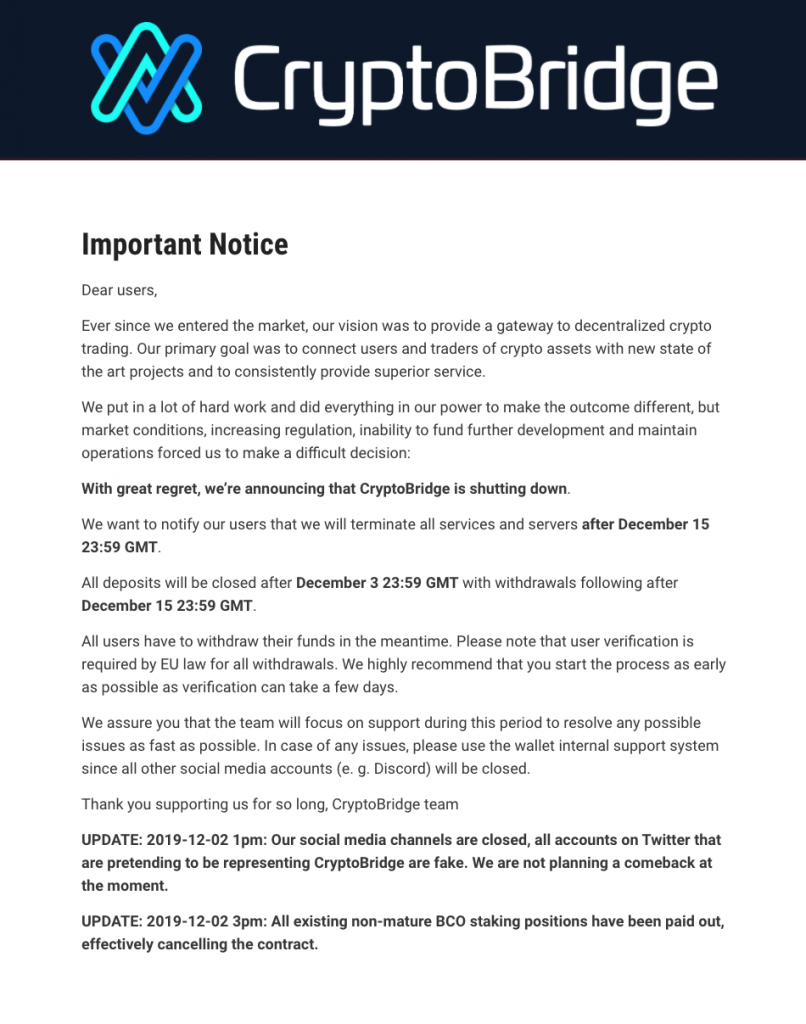CryptoBridge Exchange to Close - Bitstarz News